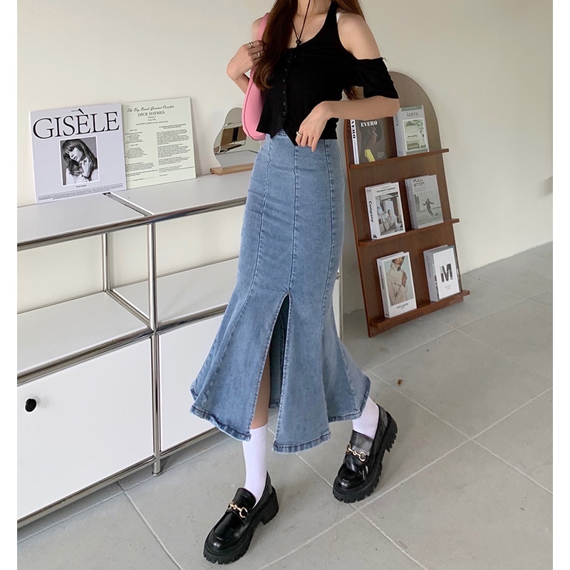 Jual Newlan QZ049 Rok denim slit stretch/ span panjang ||Hyuna Denim ...