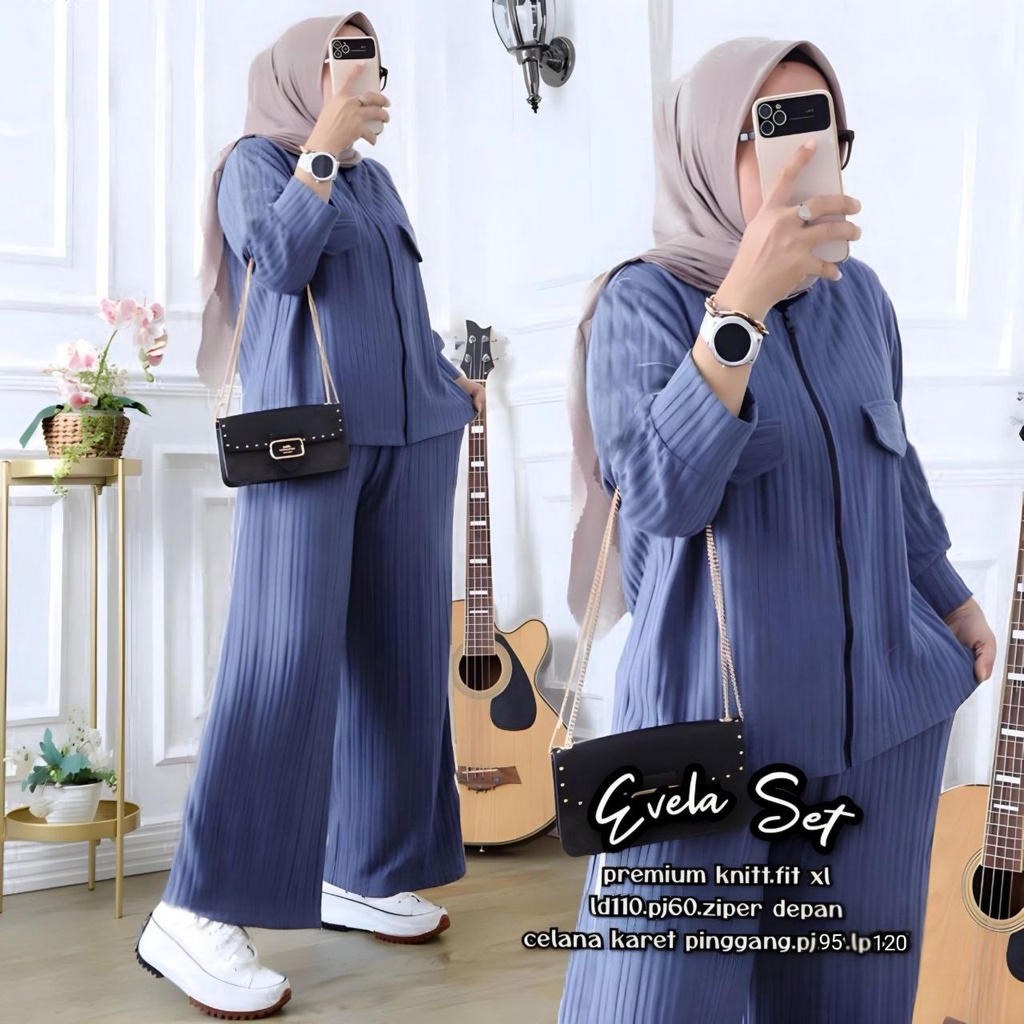 Jual Evela Set - One Set Wanita Knit Hornet Premium Setelan Wanita Kekinian Lengan Panjang Set ...