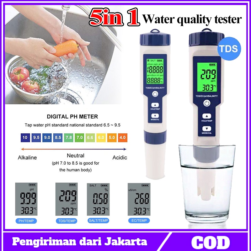 Jual 【siap】5 in 1 Testing Meter EZ 9909 PH/EC/TDS/Salinity/ Thermometer ...