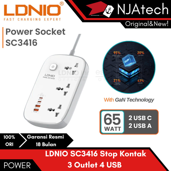 Jual LDNIO Power Strip 3 Socket SC3416 3250W 4 USB 65W GaN Charger Stop ...