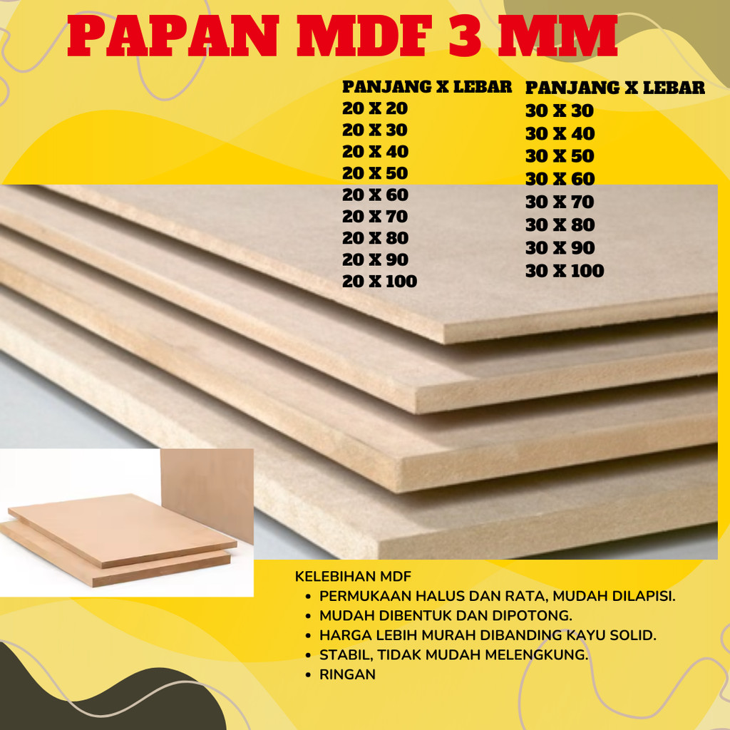 Jual PAPAN MDF Tebal 3mm Ukuran 20x20 - 30x100 / N K | Shopee Indonesia