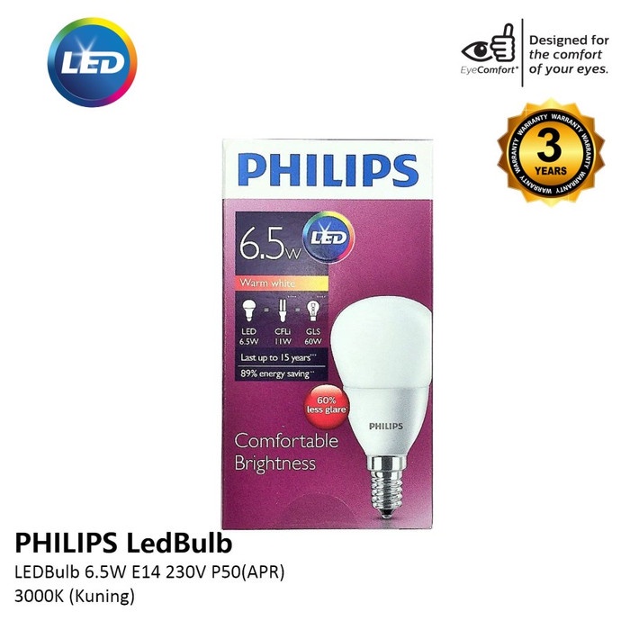 Jual Lampu Philips LEDBulb 6.5-60W E14 220V P50_PF Kuning 3000K | Shopee Indonesia