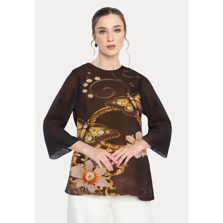 Jual Blus Sifon Motif Bunga Kupu-kupu Hitam Blus With Floral Butterfly ...