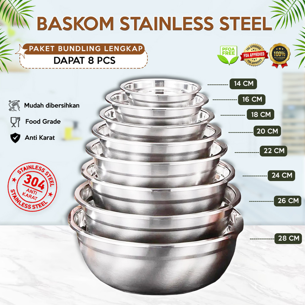 Jual COD Mangkok Baskom Stainless Steel Paket 8 / 4 Ukuran 14 16 18 20 22 24 26 28 CM SUS 304 ...