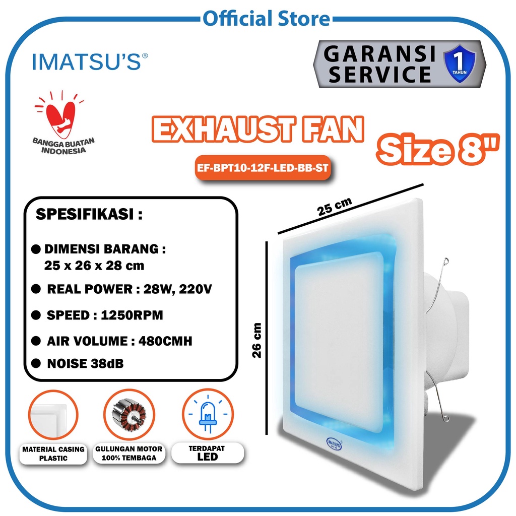 Jual Exhaust Plafon dinding tembok Lampu LED 8 Inch/Exhaust Fan Imatsu EF-BPT10-12F-LED-BB-ST ...