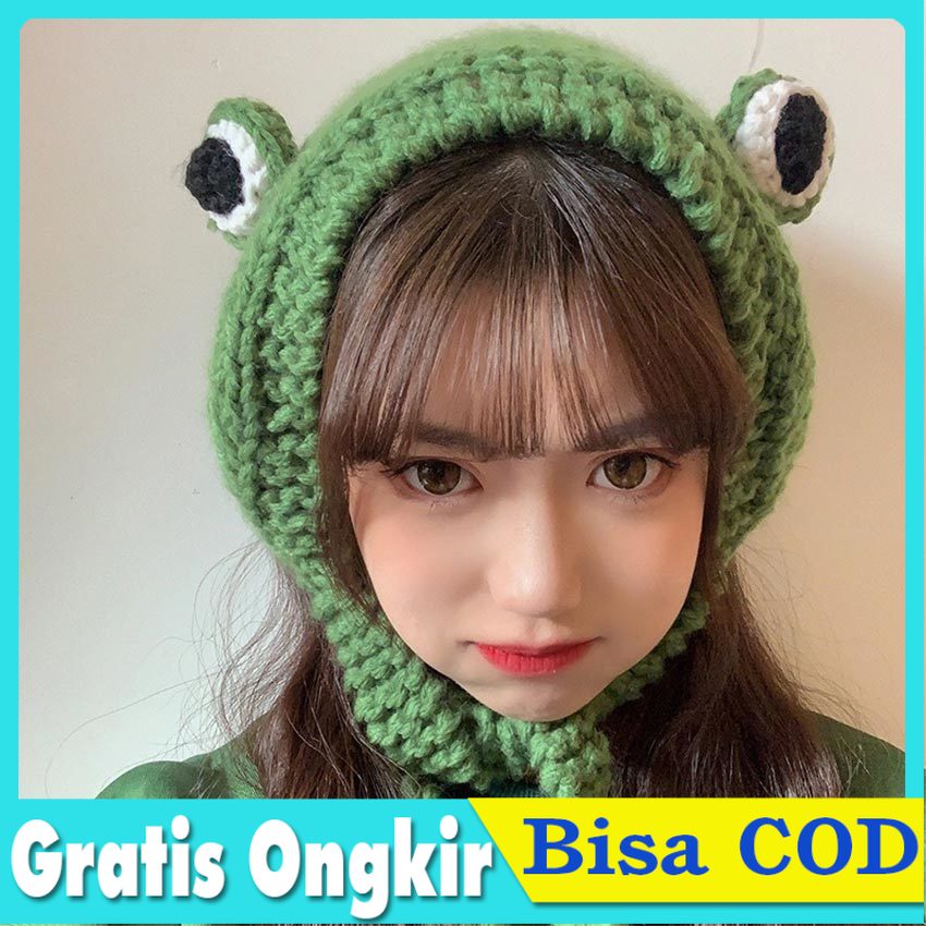 Jual Cartoon Frog Ear Protection Hat for Girl Crochet Hairband Headwrap ...