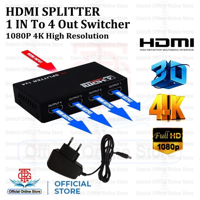 Jual HDMI Splitter 1 In 4 Out 4 Port Hub Split Repeater Amplifier 3D V1 ...