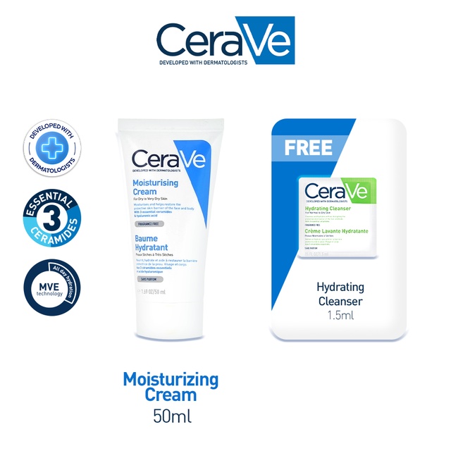 Jual CeraVe Moisturising Cream 50ml FREE Hydrating Cleanser 1.5ml ...