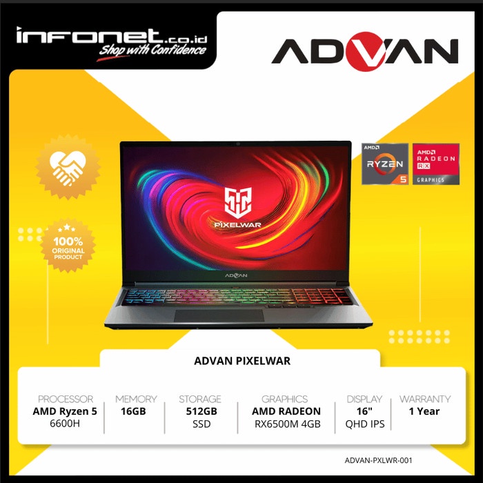 Jual ADVAN PIXELWAR RYZEN 5 6600H 16GB 512GB RX6500M 16" QHD IPS W11 ...