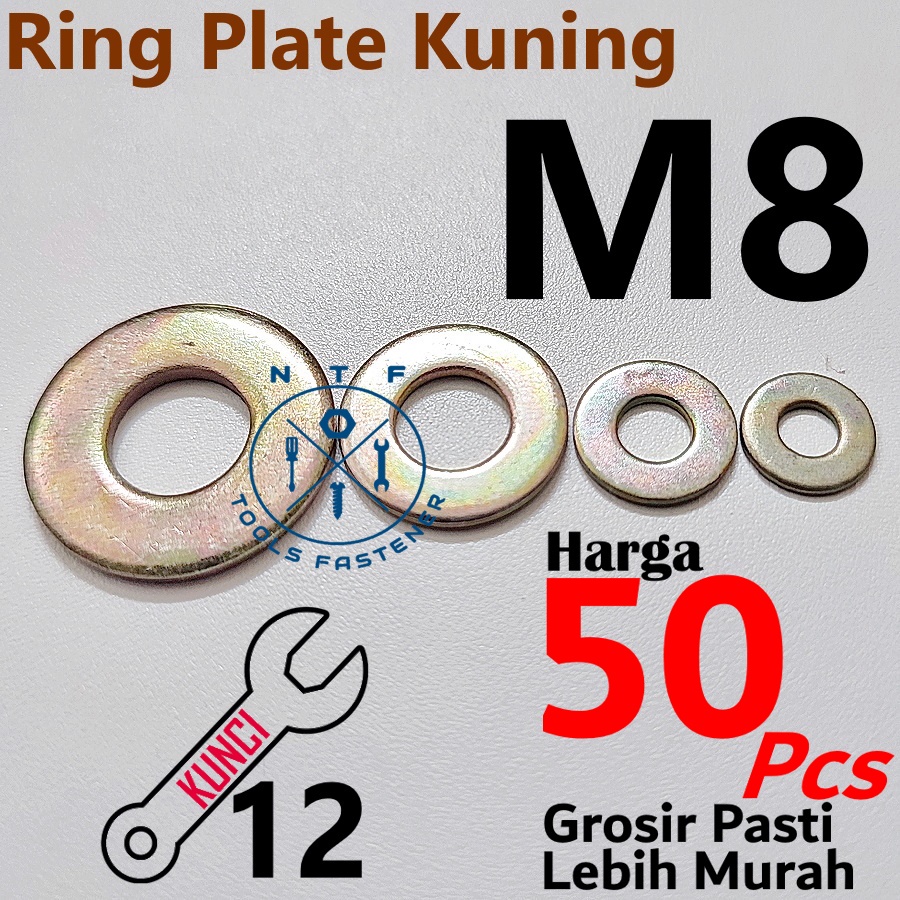 Jual (50pcs) ring plat kuning m8 besi galvanis baut kunci 12 washer ...