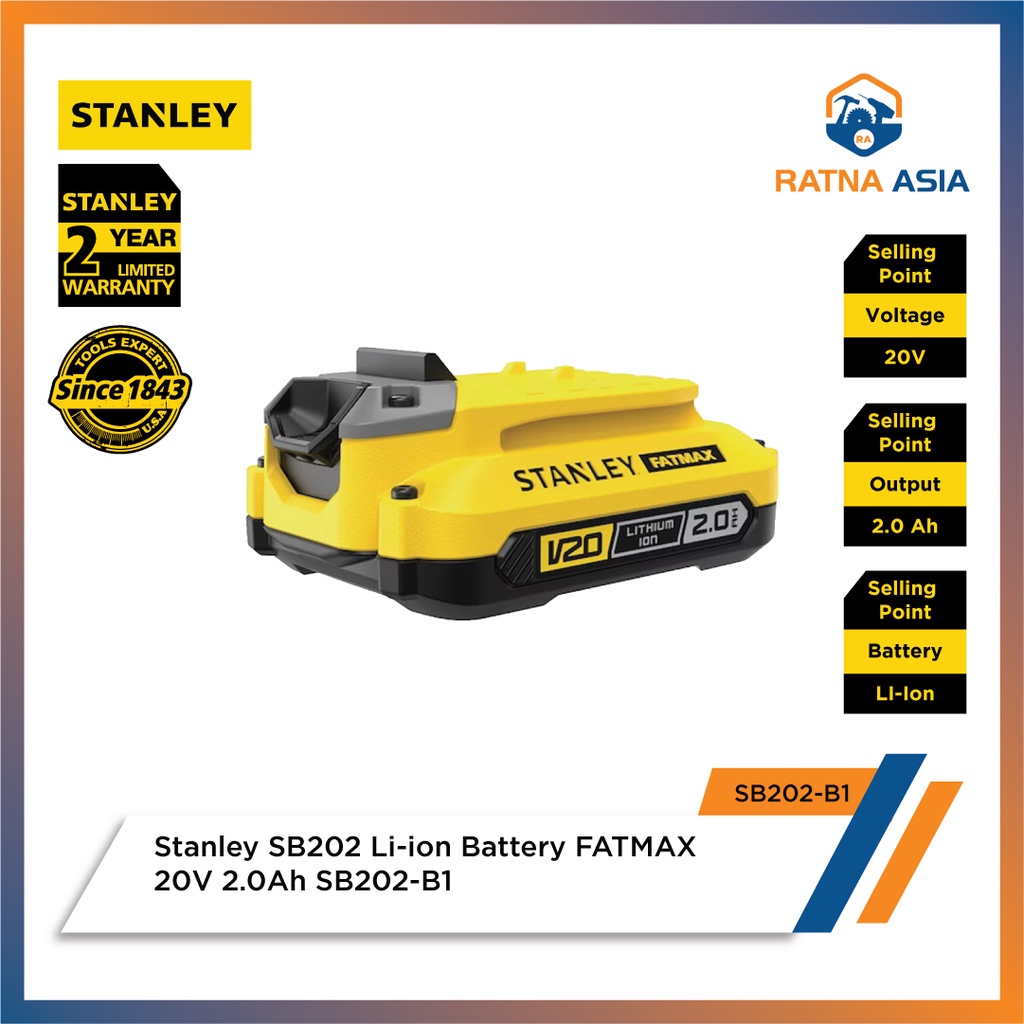 Jual Stanley SB202 Li-ion Battery FATMAX 20V 2.0Ah SB202-B1 | Shopee ...