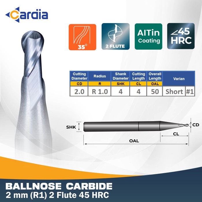 Jual Ballnose 2 mm R1 x 50 Short 2 Flute 45 HRC Ball nose Carbide ...