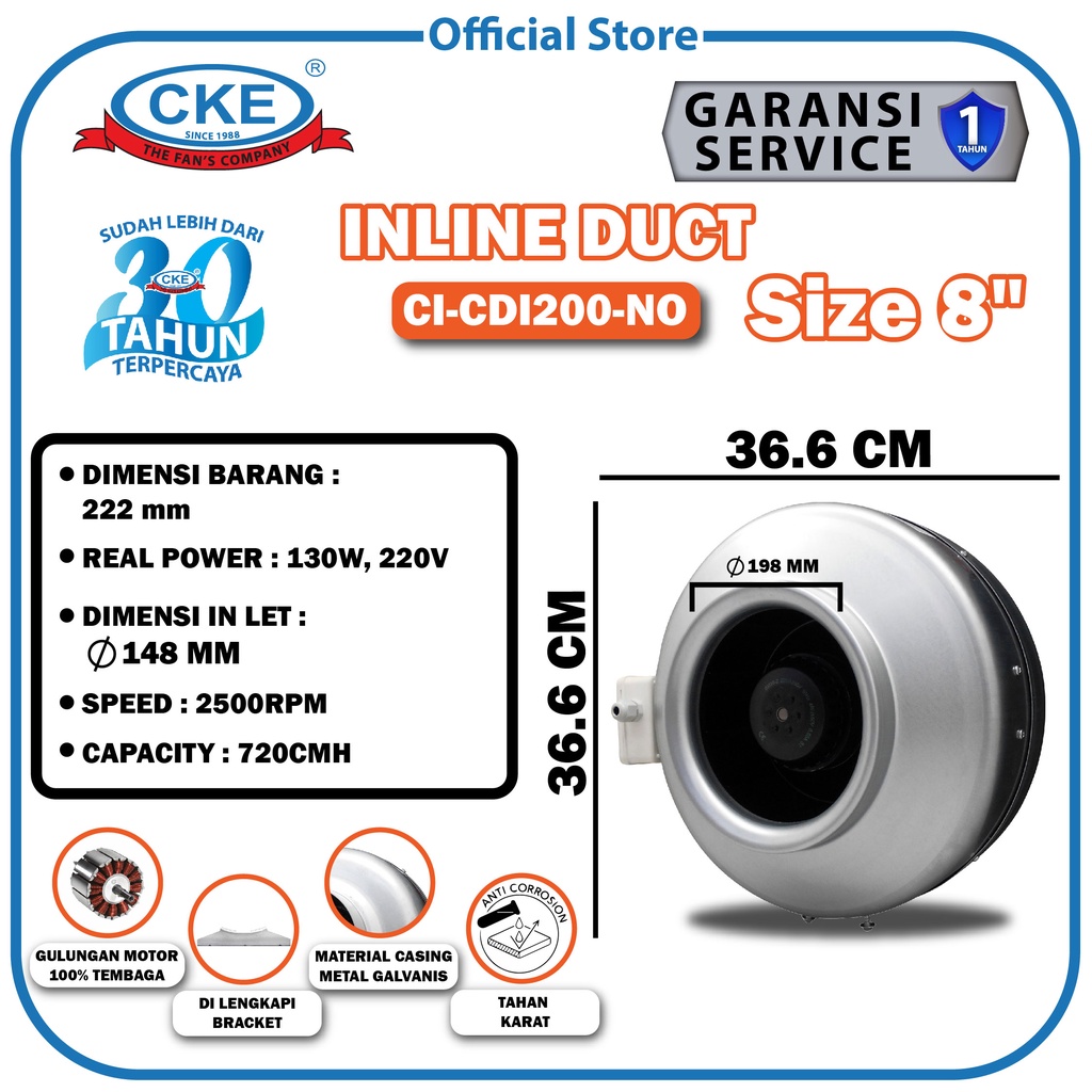 Jual Centrifugal Duct Inline Fan CKE CI-CDI200 8 Inch Inline Fan Duct ...