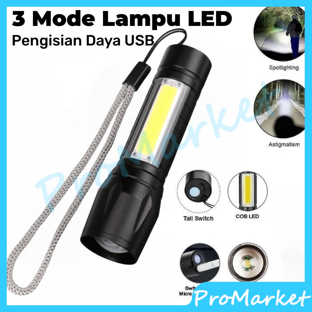 Jual PRO LED Zoom lampu mini Flashlight Usb Charger Warna Hitam Senter Mini XPE COB Led Zoom ...