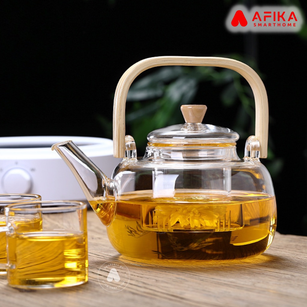 Jual Teko Teh Kaca Tahan Panas Dengan Saringan Infuser Gagang Kayu Glass Teapot Japanese Style ...