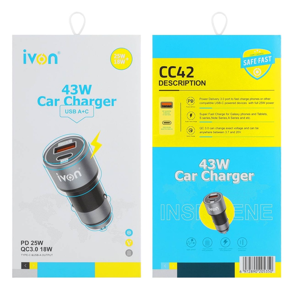Jual ivon 43W Car Charger PD+QC3.0 INSPIRE YOUR ENERGY TYPE-C & USB-A ...
