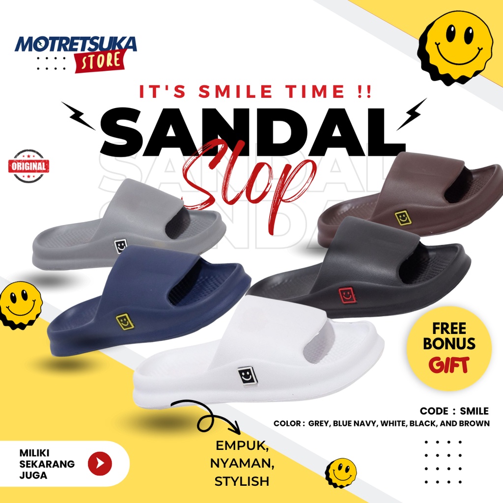 Jual Sandal Slop Smile | Warna Biru, Coklat, Hitam, Putih, Abu-Abu ...