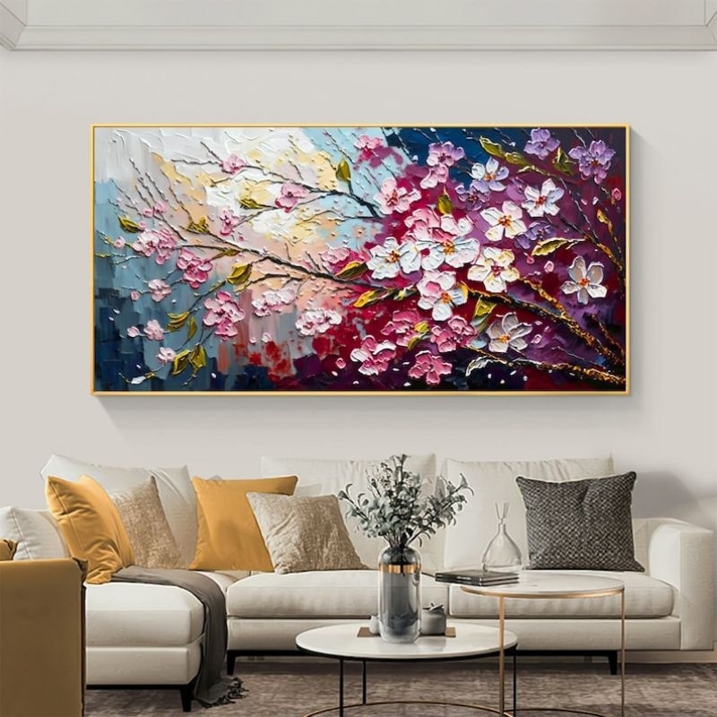 Jual Lukisan abstrak modern bunga pink 80x150 cm frame hiasan dinding ...