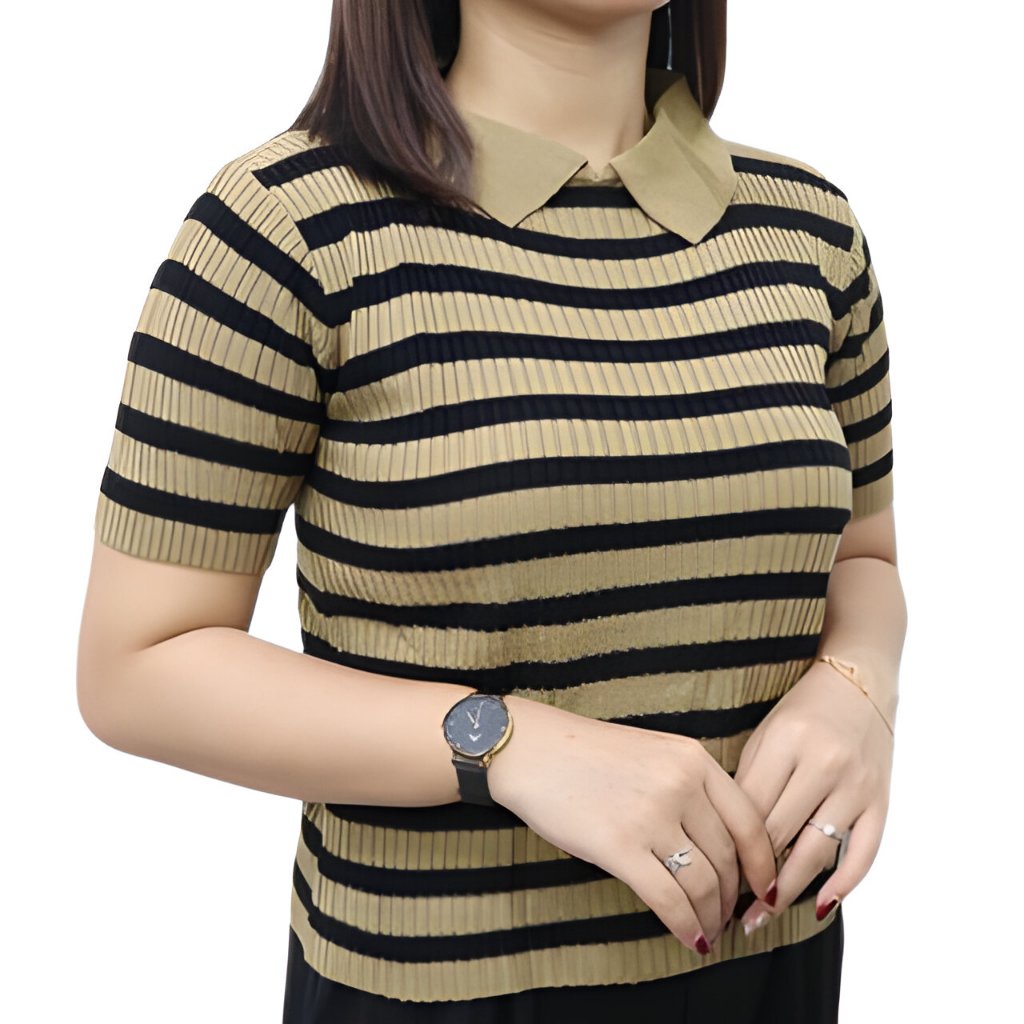 Jual Kerah Polo Rajut Salur Stripe - Polo Shirt Atasan Wanita Korean Style | Shopee Indonesia