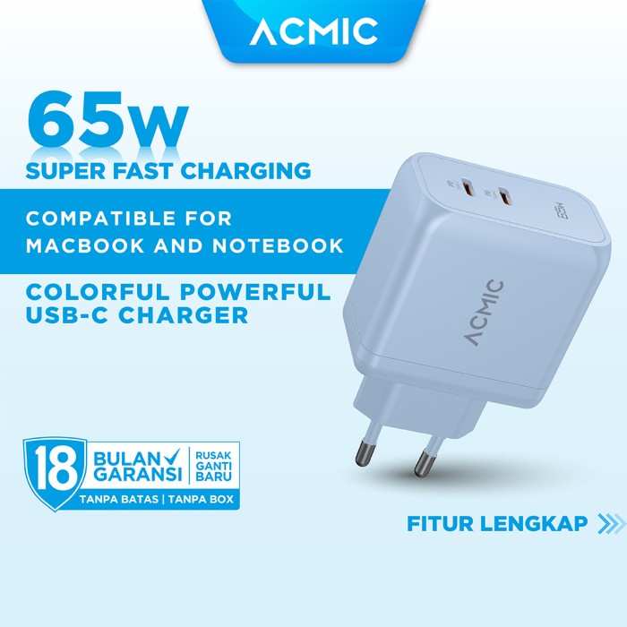 Jual Ready ACMIC CPD65DUO 65W Dual USB C Super Fast Charging PD Power ...