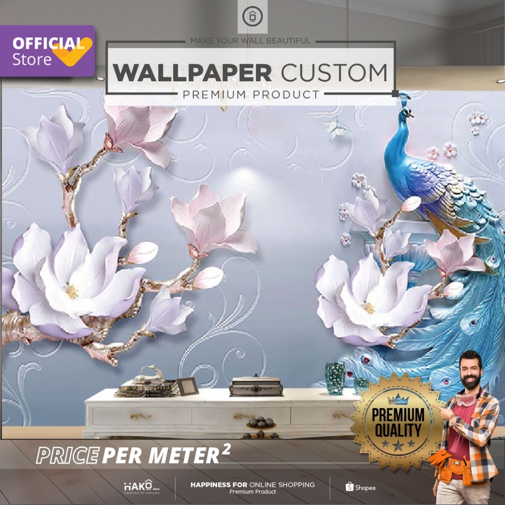 Jual Wallpaper Custom Ruang Tamu | Gambar Burung Merak 1.46 | Floral ...