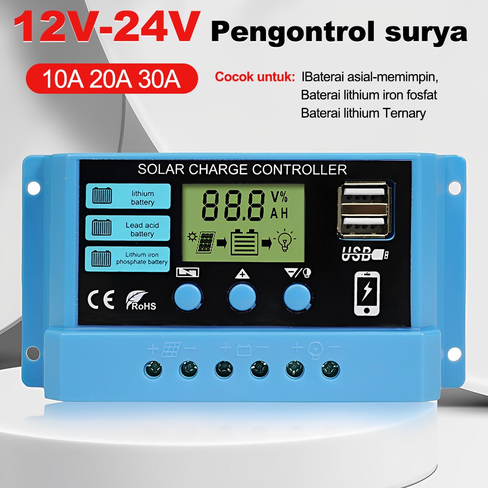 Jual Solar Charge Controller LCD LED Display Solar PWM 12V/24V 10A 20A 30A USB Panel Surya ...