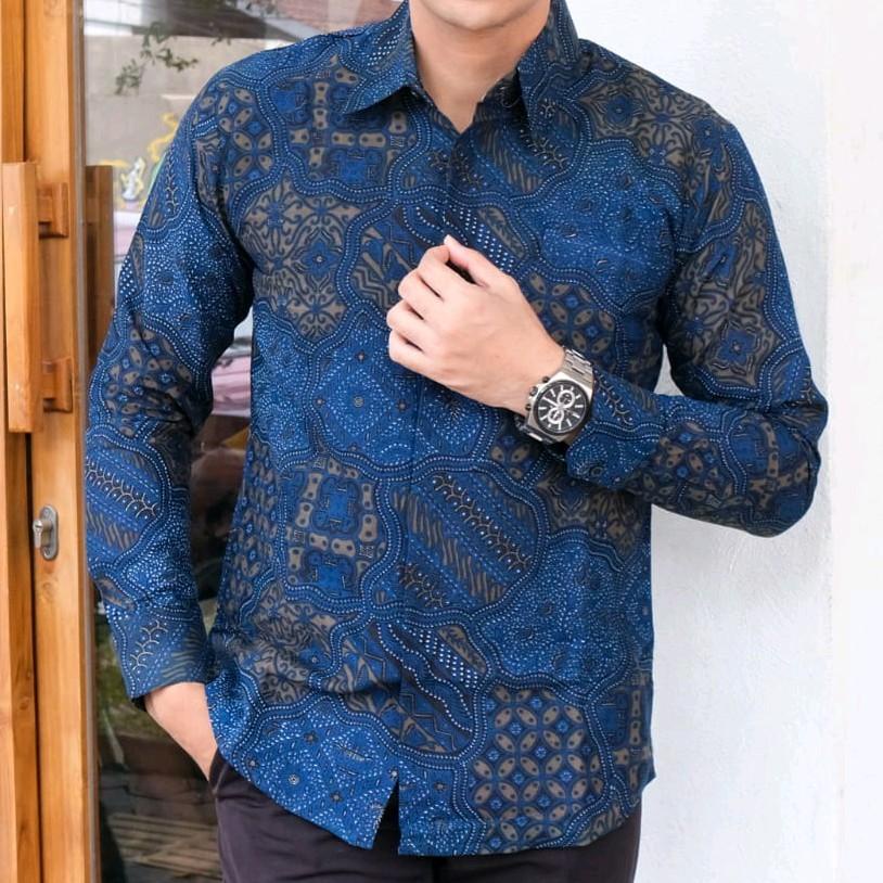 Jual Kemeja batik PREMIUM warna biru navy full furing bahan katun halus ...