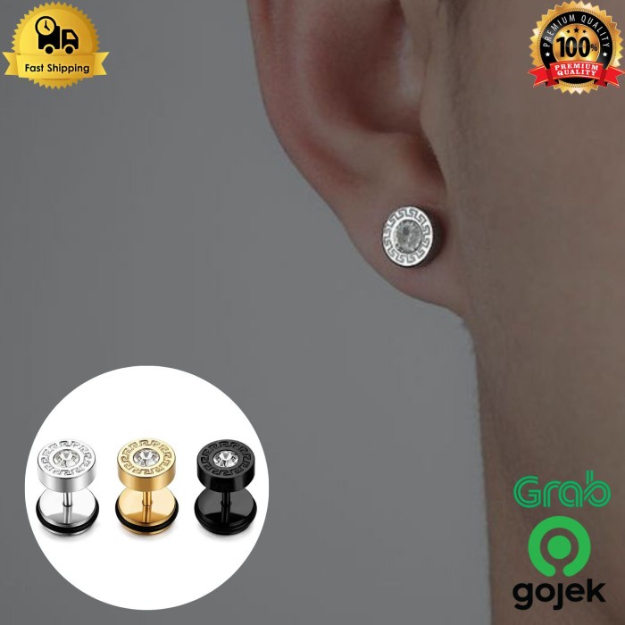 Jual Anting pria tindik bulat kristal zircon tusuk titanium hitam kpop ...