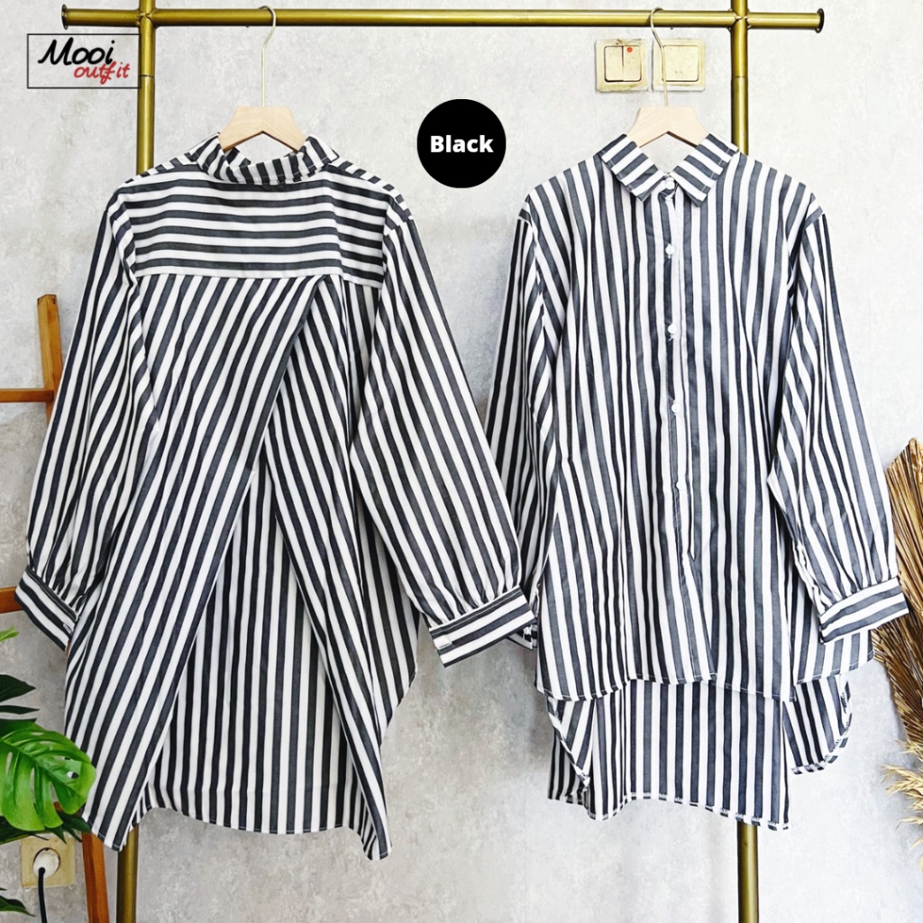 Jual Kemeja Salur Oversize Wanita Jumbo Silang Belakang Atasan Kekinian Stripe Atasan Kemeja ...