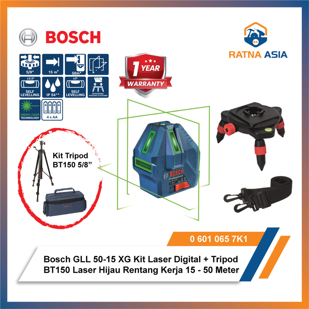 Jual Bosch GLL 50-15 XG Kit Laser Digital + Tripod BT150 5/8 inch Laser ...