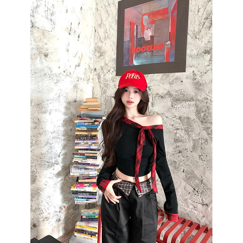 Jual [ COD ] Aroana Merah kotak-kotak penyambungan busur miring bahu T ...