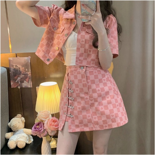 Jual Korean Idol Set Motif Kotak Warna Pink dan Biru Rok Pendek Mini ...