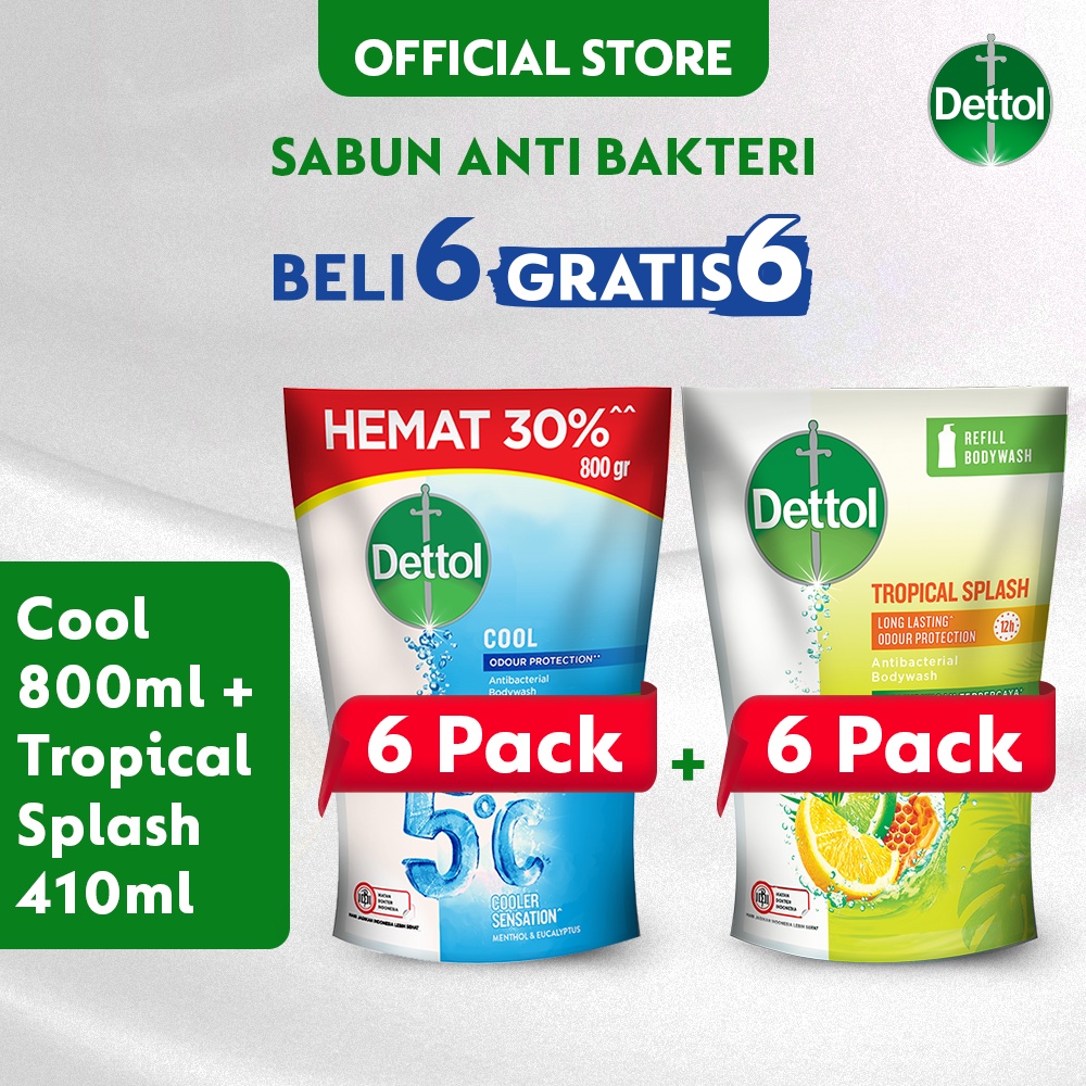 Jual [Buy 6 get 6] Dettol Sabun Mandi Cair Anti Bakteri Cool 800ml x 6 Free Tropical Splash ...