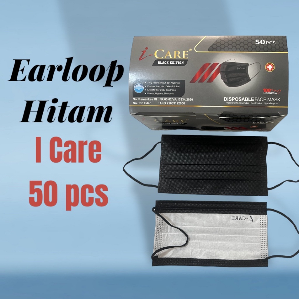 Jual Masker Earloop I Care Hitam Embos Kemenkes 50 Pcs | Shopee Indonesia