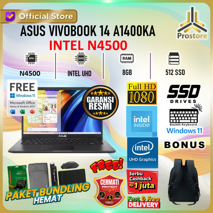 Jual ASUS VIVOBOOK 14 A1400KA E410KA N4500 8GB 512GB W11+OHS 14.0FHD ...
