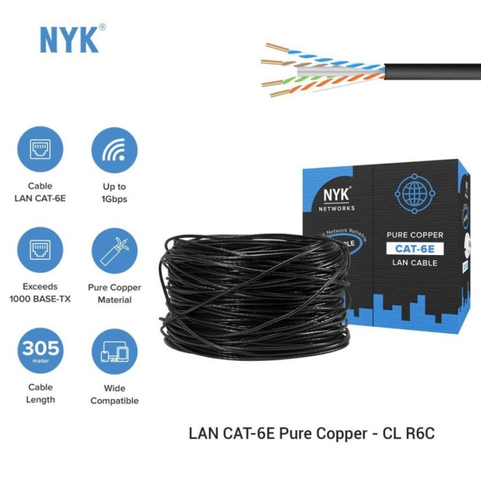 Jual Kabel Lan NYK Cat6E Pure Copper Ethernet Cable 305M 1 Roll ...