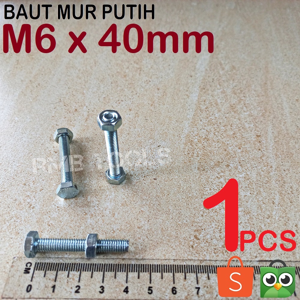 Jual M6x40 Baut Mur Besi M6 Putih BMP Kunci 10 Pitch 1.00 / BMP M6 x 40 Grade 4.6 Baut 10 ...