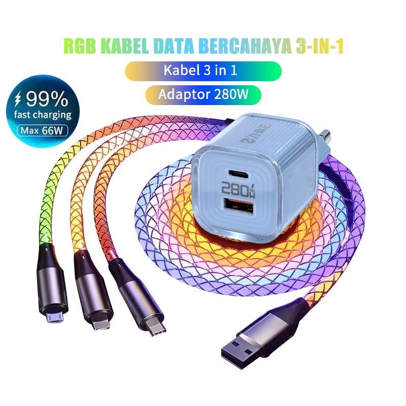 Jual PANAS Kabel Data Bercahaya 3 in 1 Fast Charging Cable Type C for ...