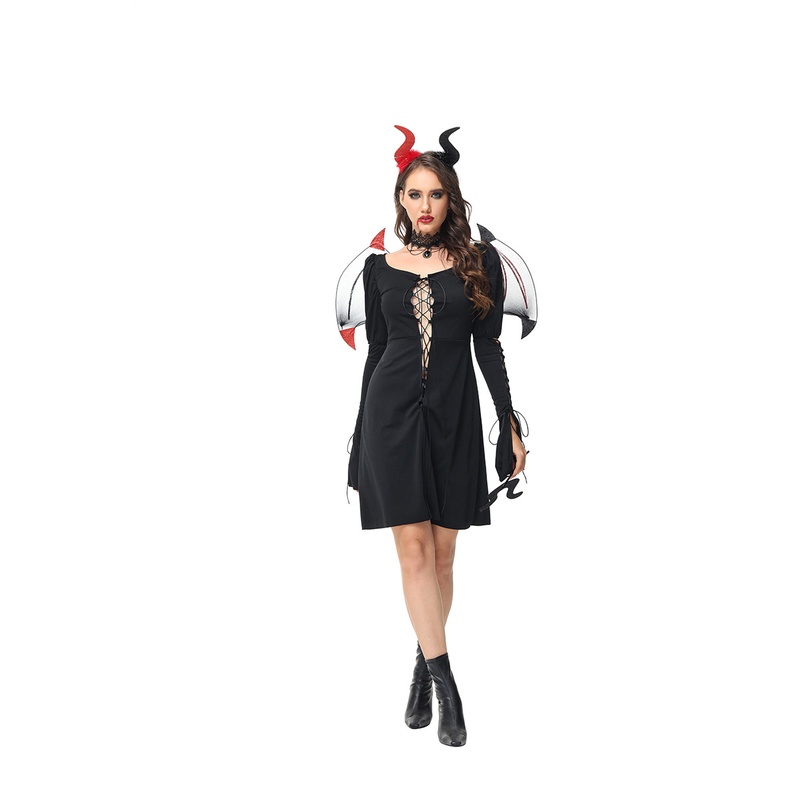 Jual H106 - Jual Kostum Halloween BLACK MINI SKIRT DRESS DEVIL set dengan wing | Shopee Indonesia
