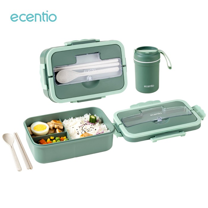 Jual ECENTIO Green Kotak bekal makan 1000ml+330ml lunch box set Mangkuk ...
