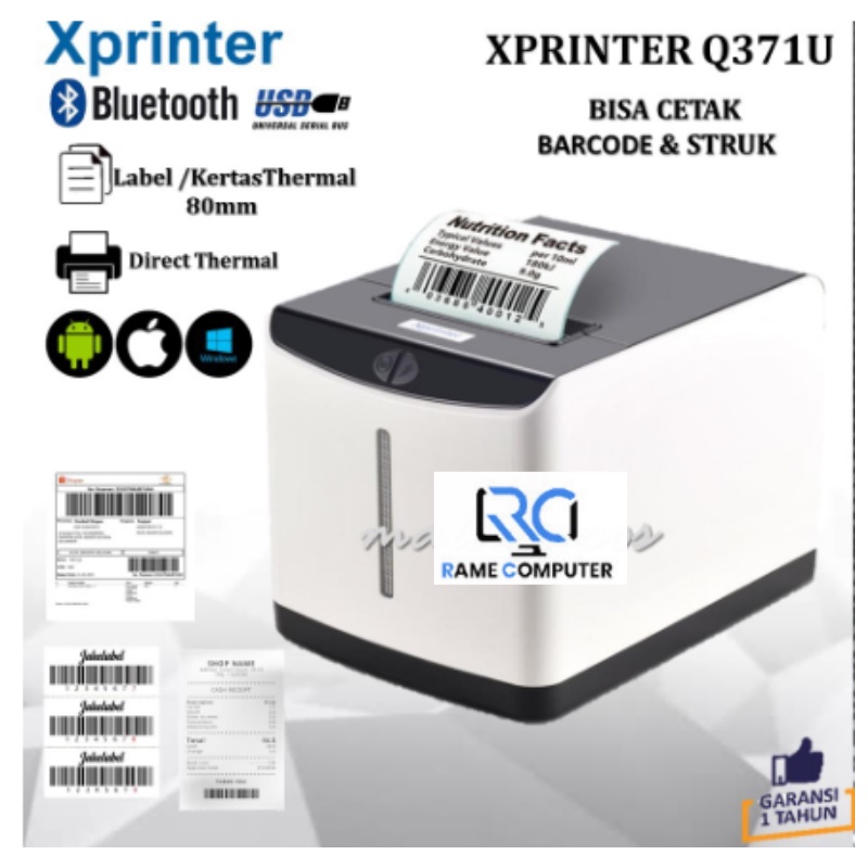 Jual PRINTER BARCODE RESI DAN STRUK Xprinter XP-Q371 80MM BLUETOOTH DAN ...