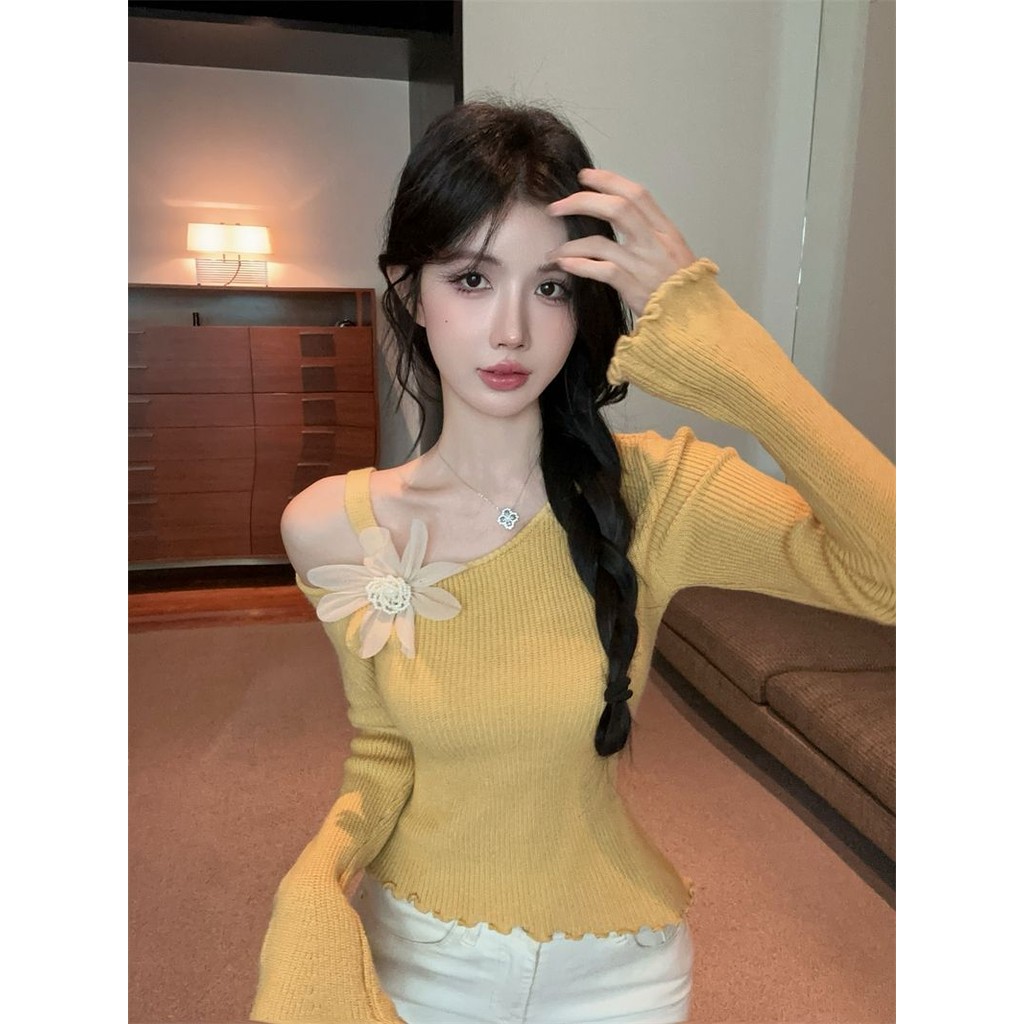 Jual [ COD ] Aroana Kerah diagonal tidak teratur sweter rajutan tiga ...