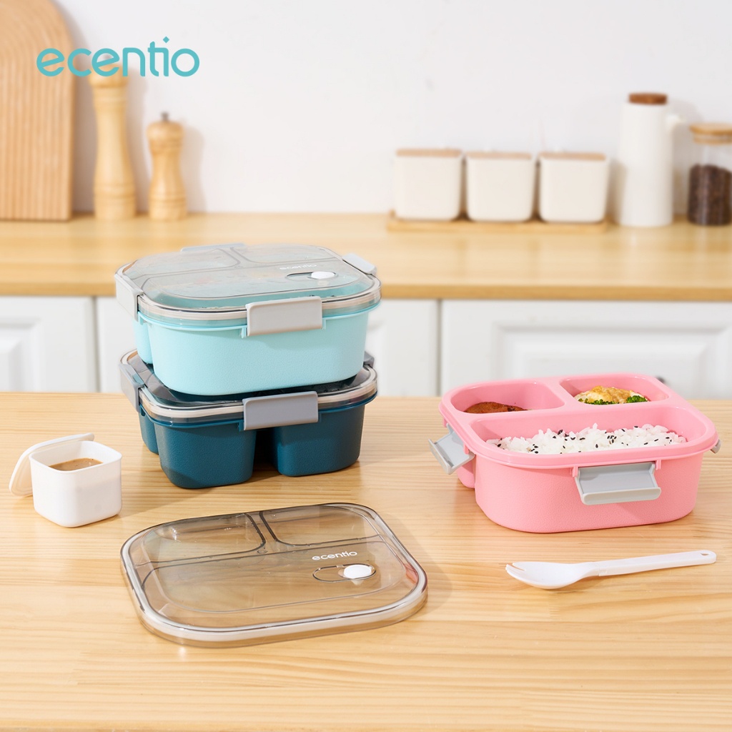 Jual ECENTIO Sky Blue Lunch Box 3 grid 1100ml Anti Tumpah Dan Kotak Sup 140ml | Shopee Indonesia