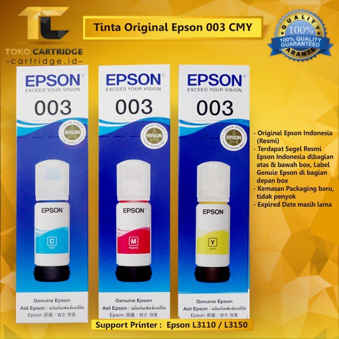 Jual Tinta Epson EcoTank 003 Original ASLI Cyan Magenta Yellow Black Refill Botol Ink Printer ...