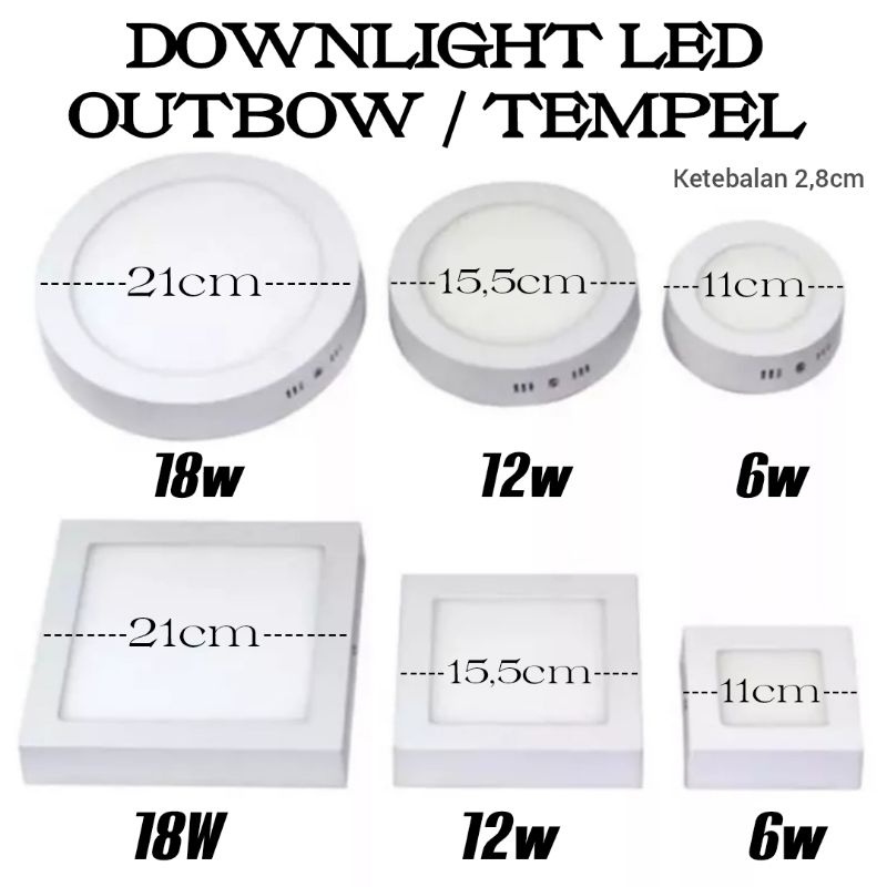 Jual Lampu Downlight LED Panel OB Bulat Kotak Outbow Round 6W 12W 18W Watt Tempel Plafon ...