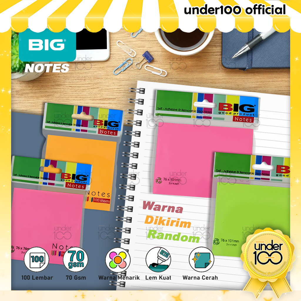 Jual Under100 BIG Sticky Notes Warna | Note Kertas | Memo Tempel | 100 ...