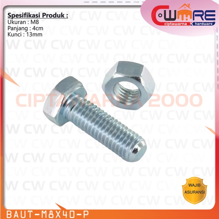 Jual Baut Mur Hexagon Putih / Galvanis M8 x 40 Kunci 13MM Baut Pengencang - CW | Shopee Indonesia