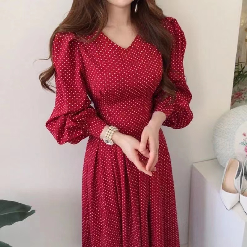 Jual FAN Dress polkadot V-neck merah Korea/dress hitam korea/dress ...