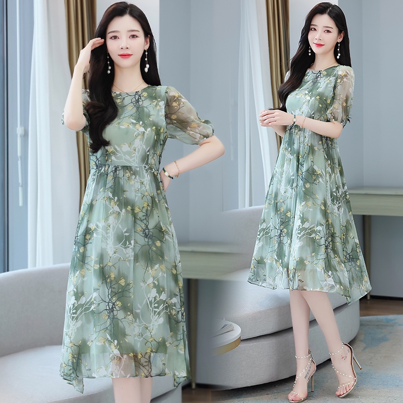 Jual FAN Gaun Bunga Leher Bulat Gaya Korea Baru 2024/dress sifon/dress ...