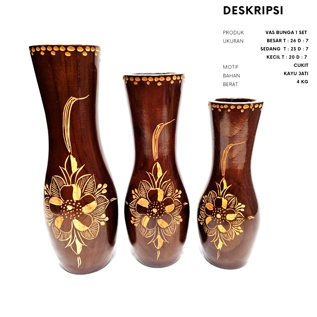 Jual Set Vas Bunga Meja Kerja Ruang Tamu Cukit Motif Kembang Kayu Jati ...